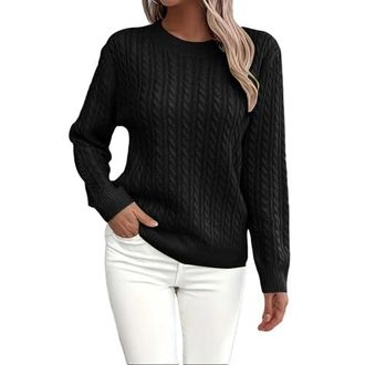 Generic Pull pour femme en tricot torsad&eacute; textur&eacute; de couleur unie col rond &agrave; manches longues pull confortable coupe d&eacute;contract&eacute;e pour automne, hiver, tenue d&eacute;