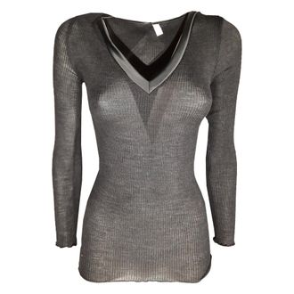 Lisanza Top &agrave; Manches Longues Col V C&ocirc;tel&eacute; avec Bordure en Satin - Femme - Pulls - Noir - Taille: 46 FR