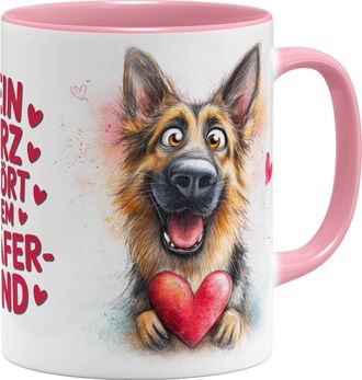 OM3 s&uuml;&szlig;e Hundeliebhaber Kaffee-Tasse mit Spruch - Mein Herz geh&ouml;rt einem Sch&auml;ferhund - Statement - Keramik Becher - 325ml - Rundumdruck - Rosa
