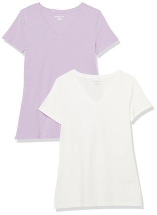 Amazon Essentials Damen T-Shirt Regular Fit mit kurzen Ärmeln und V-Ausschnitt, 2er-Pack, Pastelllila/Weiß, XXL