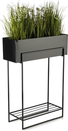 HowHomely Schwarz Blumenst&auml;nder Metall - Pflanzenst&auml;nder 82 cm Hoch mit Metall Box 20 x 60 x 19,5 cm und Ablage - Blumentopfst&auml;nder im Loft-Stil f&uuml;r die Hausdek