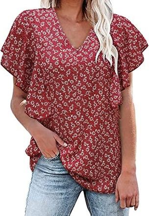 Janly Chemise Femme &agrave; Imprim&eacute; Floral avec Col en V et Design Pliss&eacute; &Eacute;l&eacute;gant pour Une Mise en Valeur (Red, XXL)