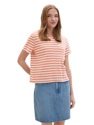 Tom Tailor Damen Basic T-Shirt mit Streifen, terracotta white stripe, XL