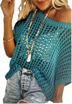 Generic Haut en tricot &eacute;labor&eacute;, pull &agrave; manches courtes pour femme, hauts en crochet pour femme, vert clair, XXL