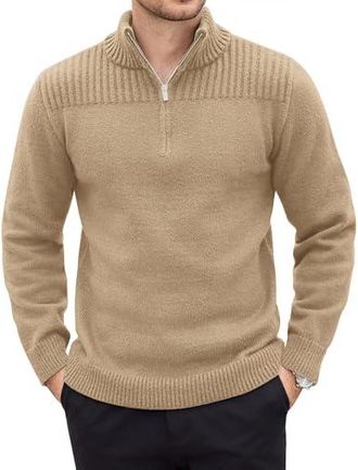 Coofandy Pull basique &agrave; col roul&eacute; pour homme - Pull en tricot avec col montant - Pull dhiver uni pour homme, beige, XL