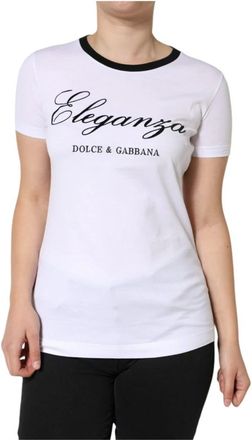 Dolce & Gabbana Femme, Tops, Blanc, Taille: 42 FR T-shirt en coton imprim&eacute; Eleganza