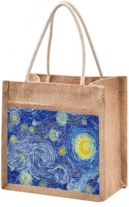 Mnsruu Sac fourre-tout r&eacute;utilisable en toile de jute Van Gogh Nuit &eacute;toil&eacute;e Art Peinture &agrave; lhuile Sac d&eacute;picerie Sac fourre-tout de plage pour femmes filles de