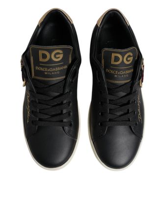 Dolce & Gabbana Womens Black Leather Gold Red Heart Sneakers Shoes
