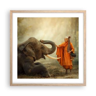 Arttor Poster Rahmen helle Eiche Deko 50x50cm Elefant M&ouml;nch Sto&szlig;zahn Wandposter Art Prints Wanddeko Bild Wand Kunstdruck Wandbilder Dekoration Wohnzimmer Sch