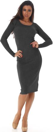 Voyelles Damen Midi Strick Kleid Pulloverkleid Knielang Etui Stretch Langarm, Dunkelgrau 36-38