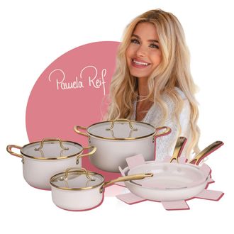 Fackelmann x Pamela Reif 10-teiliges Topf- und Pfannen-Set - gepresstes Aluminium, pastell beige, inklusive Pfannenschutz, f&uuml;r alle Herdarten geeignet