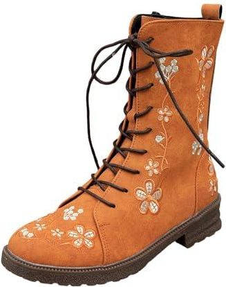 Generic Bottes &agrave; lacets pour femme - Talon bas - Style d&eacute;contract&eacute; - &Eacute;l&eacute;gantes - Bout rond - Broderie - Fermeture &eacute;clair lat&eacute;rale - Antid&eacute;rapantes - Confortab