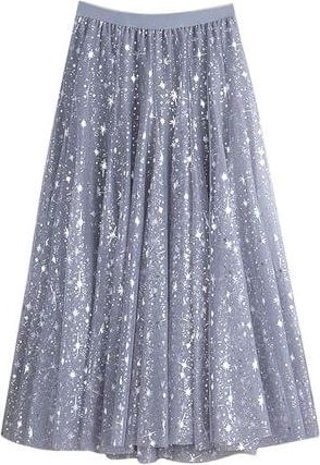 Generic Jupe Tulle Femme Tutu Jupe Jupes Femme &Eacute;toil&eacute;e &Agrave; Paillettes - Mi-Longue Transparente &Eacute;l&eacute;gante Haute Taille pour Soir&eacute;e Ou &Eacute;v&eacute;nement Formel