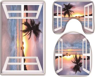 A.Monamour Badezimmer Badematte 3 Teilig Set Offene Fenster Blick Auf Palme Meer Tropischen Landschaft Sonnenaufgang Natur Strand Flanell Saugfähig Badteppiche B