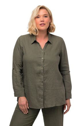 Ulla Popken Damen gro&szlig;e Gr&ouml;&szlig;en &Uuml;bergr&ouml;&szlig;en Plus Size Bluse, Leinen, offener Kragen, Langarm lodengr&uuml;n 54+ 794882190-54+