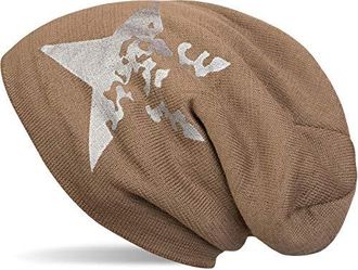 styleBREAKER Bonnet tricot&eacute; Beanie en Laine Fine Chaude avec Un imprim&eacute; Vintage en Forme d&eacute;toile et Une Doublure int&eacute;rieure tr&egrave;s Douce, Longbeanie Slouch, Unisexe 