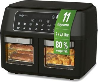 MAXXMEE Heißluft-Fritteuse Doppelkammer 11 Liter | Clevere Kombination aus Heißluftofen, Grill & Fritteuse mit 2 XXL-Frittierfächern mit je 5,5 Litern | Digit