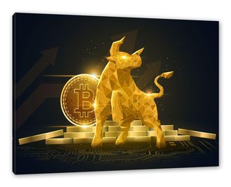 Pixxprint Bitcoin BTC mit goldenem Stier als, Gr&ouml;&szlig;e: 100x70cm, Leinwandbild, fertig gespannt, Wandbild, Dekoration, Kunstdruck, kein Poster