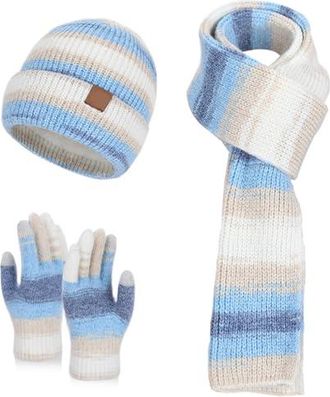 Generic Gants dhiver 2026 avec &eacute;charpe thermique et bonnet en tricot doux pour &eacute;cran tactile pour temps froid, bleu, Taille unique