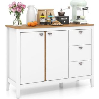 Costway Costway - Buffet Cuisine Bois, Armoire Commode 3 Tiroirs, Grand Placard 2 Portes, &Eacute;tag&egrave;re R&eacute;glable, Plateau Bois, Poign&eacute;e en M&eacute;tal, 5 Pieds de