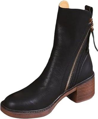 Generic Bottines en cuir, bottes rétro à bout rond confortables à talon bas mi-mollet, bottines décontractées avec deux fermetures éclair latérales pour affai