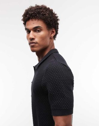 Capo Cape - Polohemd aus Jacquard in Schwarz mit Knopfleiste