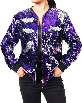 Generic 2026 St Patrick Veste à paillettes brillantes pour femme Manteau de baseball élégant et tendance, violet, 3XL