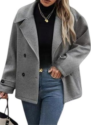 Generic Manteau court en laine m&eacute;lang&eacute;e &agrave; double boutonnage avec col &agrave; revers et poches pour femme, gris, XXL