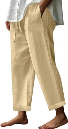 Generic Pantalon Femme Large L&eacute;ger Ete en Lin pour Pantalon D&eacute;contract&eacute; pour Femme Style Japonais Ample et &Eacute;lastique &Agrave; Boutons Style Drap&eacute; Jambes Larges en Fl