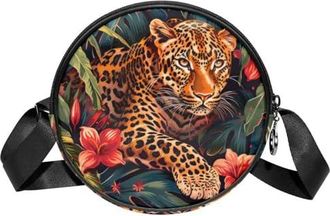 Generic Petit sac &agrave; bandouli&egrave;re rond pour femme, motif l&eacute;opard floral, avec fermeture &eacute;clair, bretelles r&eacute;glables, sac &agrave; main rond d&eacute;contract&eacute; pour femmes et 