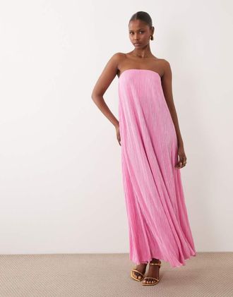 Asos Robe trap&egrave;ze mi-longue pliss&eacute;e coupe bandeau - Rose