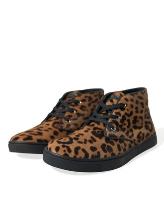 Dolce & Gabbana Mens Brown Leopard Pony Hair Leather Sneakers Shoes