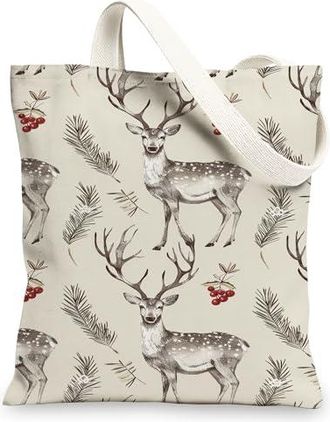 Generic Sacs fourre-tout en toile de cerf, sacs dépicerie réutilisables, motif forêt vintage, légers et lavables, beige, 13x15 Inch