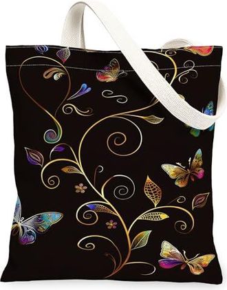 Generic Sacs fourre-tout en toile motif floral papillon, sacs d&eacute;picerie r&eacute;utilisables, sacs d&eacute;picerie r&eacute;utilisables, l&eacute;gers et lavables, noir, 13x15 Inch