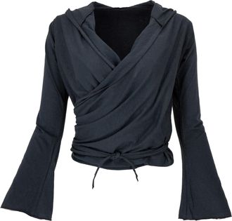 Guru Shop Wickelshirt, Yogashirt, Langarmshirt mit Trompeten&auml;rmeln - Schwarz, Damen, Baumwolle, Size:M