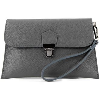 modamoda.de T190 Damen Leder Clutch Handgelenktasche Schultertasche mit Kette handmade in Italy, Farbe:Dunkelgrau
