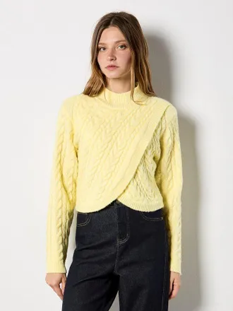 Apricot Strickpullover Strickjacke mit Wickelausschnitt und Zopfmuster