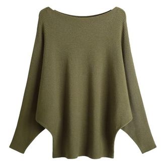 Generic Pull tricot&eacute; &agrave; manches chauve-souris et col bateau pour femme, pull tricot&eacute; &agrave; manches chauve-souris Dolman, vert militaire, Taille unique