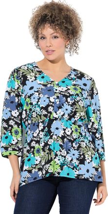 Ulla Popken Damen gro&szlig;e Gr&ouml;&szlig;en &Uuml;bergr&ouml;&szlig;en Plus Size Bluse, Bl&uuml;ten, A-Linie, V-Ausschnitt, 3/4-Arm schwarz 54+ 838462100-54+