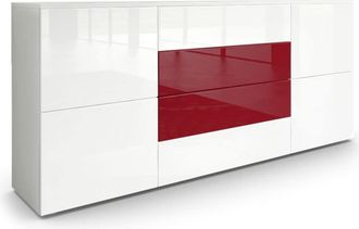 Vladon Sideboard Rova, Made in Germany, Kommode mit 4 Türen und 4 Schubladen, Weiß matt/Weiß Hochglanz/Bordeaux Hochglanz (166 x 72 x 35 cm)