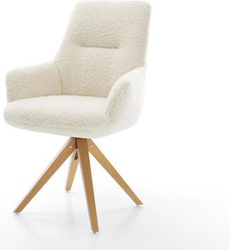 DELIFE Drehstuhl Zelia-Flex mit Armlehnen Teddystoff Beige Holzgestell kantig Natur 180&deg; drehbar Taschenfederkern, Esszimmerst&uuml;hle