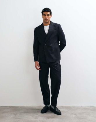 Asos veste de costume crois&eacute;e regular &agrave; rayures fines bleu marine