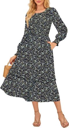 Kate Kasin Damen Freizeit Rundhalsausschnitt Elastische Hohetaille Laternen&auml;rmel Blumenkleid Schwarz XXL