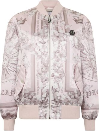 Philipp Plein Femme, Vestes, Rose, Taille: 40 FR Bomber oversize en satin avec motif de tatouage papillon