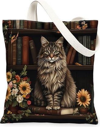 Generic Spring Maine Coons Sac fourre-tout en toile r&eacute;utilisable pour faire du shopping 33 x 38,1 cm, motif chat floral, biblioth&egrave;que, chaton, sac d&eacute;picerie p