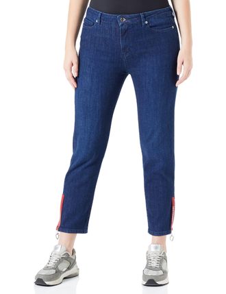 Love Moschino Cropped Skinny fit 5-Pocket Trousers in Comfort Blue Denim with Organic Cotton, Customized with The Application of Coated Zipper on Bottom Sides in Co