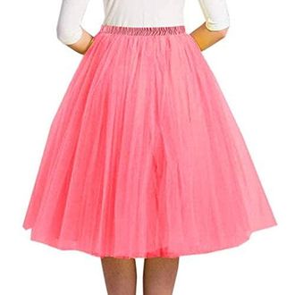 Generic Jupe en tulle pour femme - Taille &eacute;lastique - Jupe d&eacute;t&eacute; &eacute;l&eacute;gante - Couleur unie - Opaque - Jupe en tulle bouffante - Jupe midi rockabilly - Longueur g