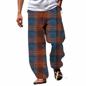Generic Pantalon dentra&icirc;nement en coton et lin pour homme - Pantalon d&eacute;t&eacute; - Pantalon de plage - Taille &eacute;lastique - Imprim&eacute; graphique &agrave; 3 rayures - G&eacute;om&eacute;trie c