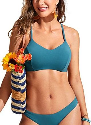 CRZ YOGA Maillot de Bain à Lacets pour Femmes Haut de Bikini Spaghetti Croisé Bretelles Soutien-Gorge de Sport Bleu 36