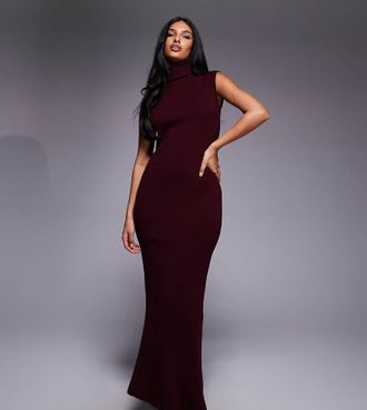 KAIIA Exclusivit&eacute; - Robe longue sans manches &agrave; col montant en maille c&ocirc;tel&eacute;e - Bordeaux-Rouge